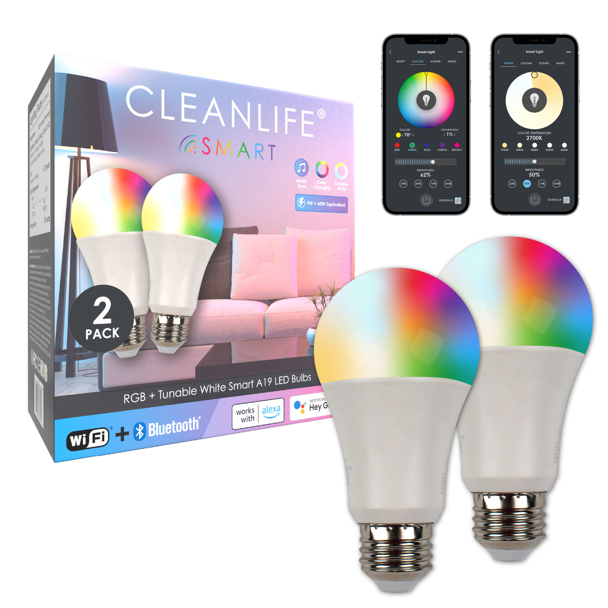 CLEANLIFE® Smart A19 LED Light Bulb - RGB+Tunable White, WiFi + Bluetooth